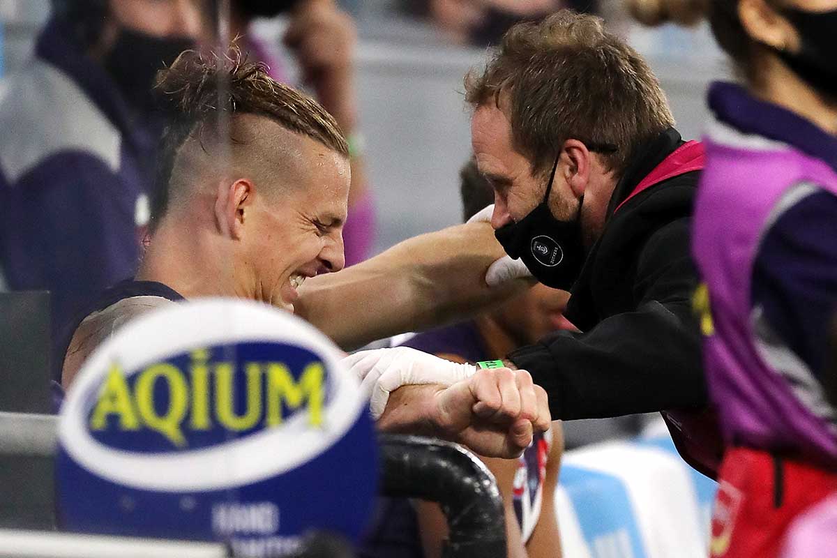 Jimmy Bartel and Sam McClure react to Nat Fyfe's massive injury setback