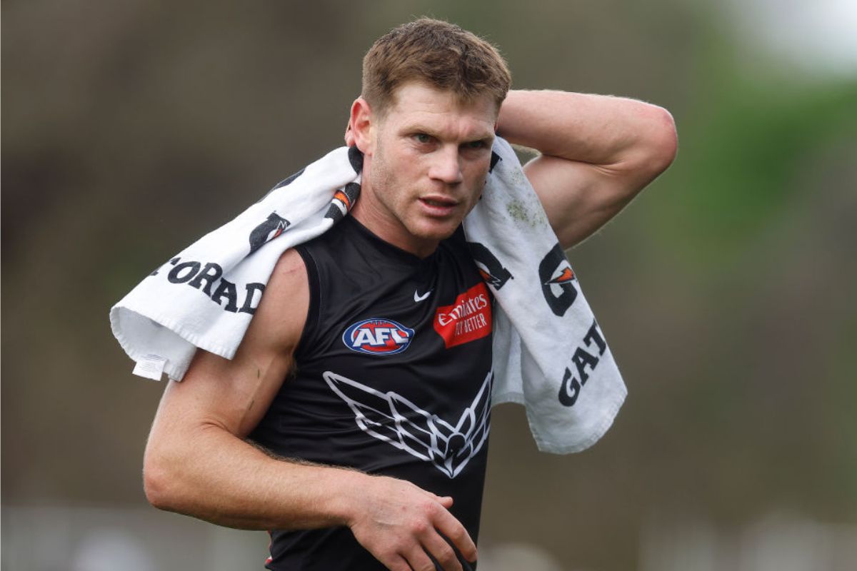 Taylor Adams speaks after testing his hamstring at open training session